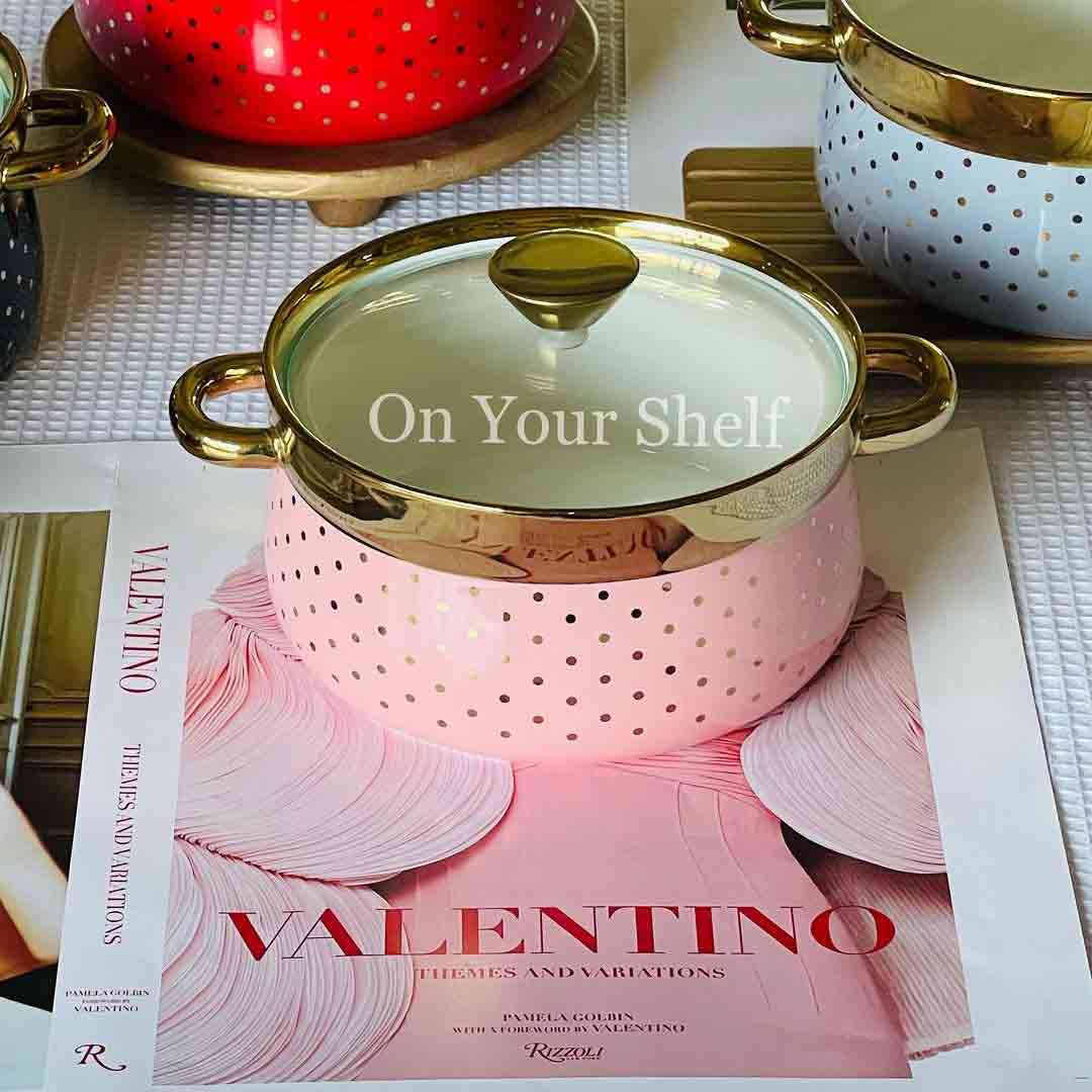 Taureen Serving Pot w/Glass Lid and Gold Polka Dots-Pink
